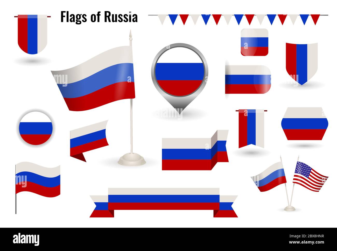 A large set of icons and signs with the flag of the Russia. Square and ...