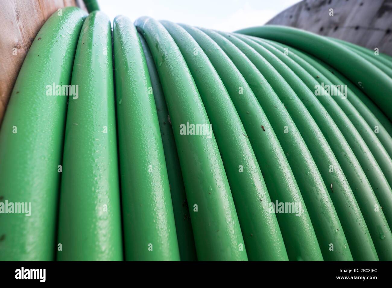 Wooden coil of green Electric Cable outdoor. Focus on green cables in ...