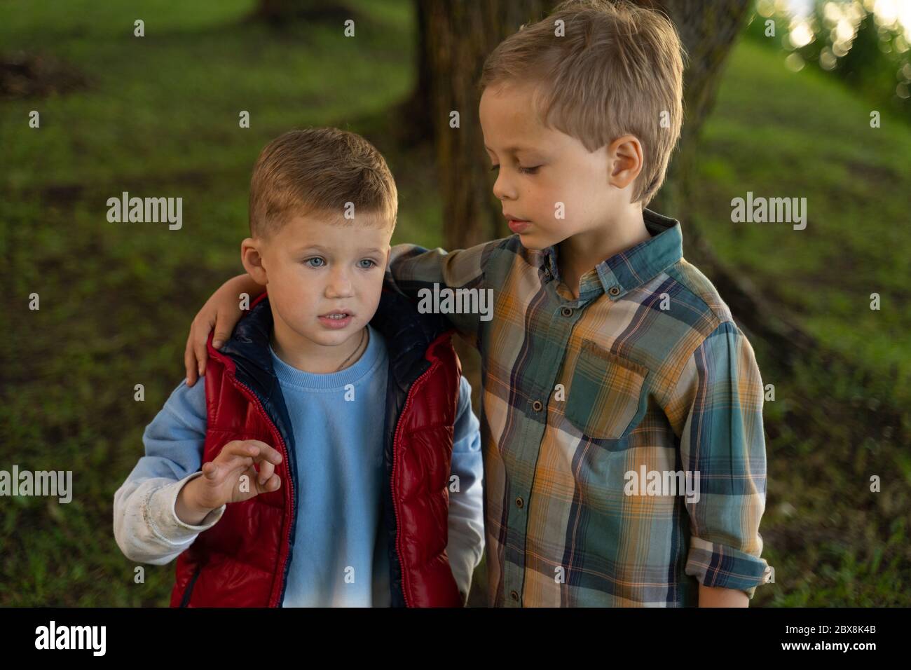 Portrait of two boys, brothers and best friends smiling. Friends ...
