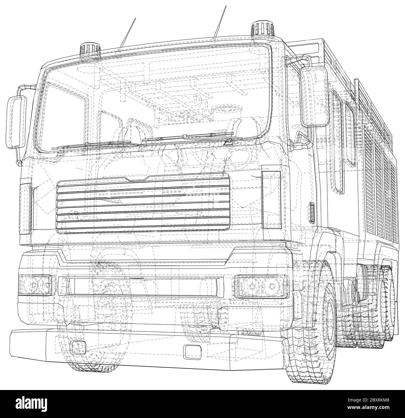 Vector Wire-frame isolated Fire truck on background. Vector rendering ...