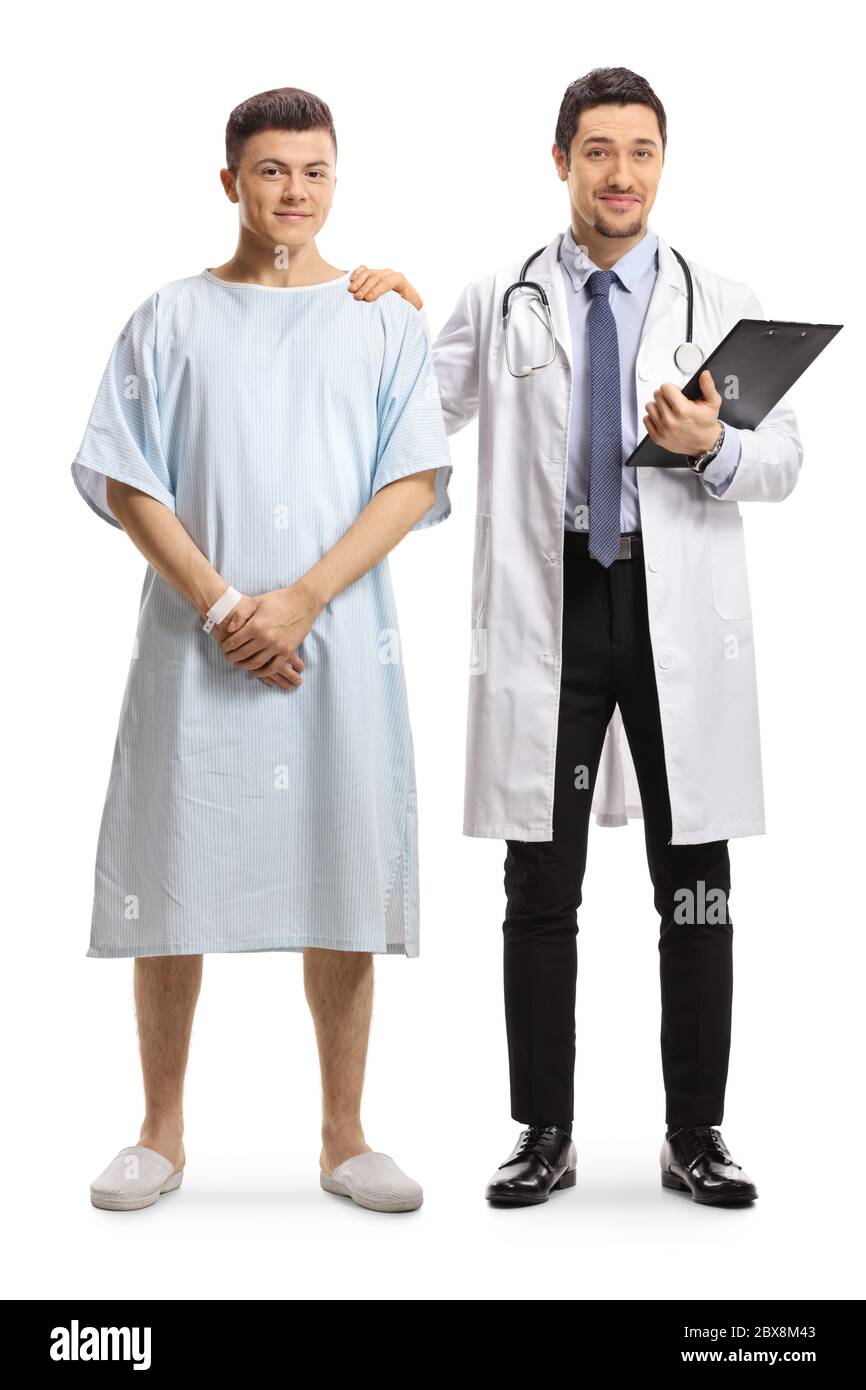 Full length portrait of a young male doctor holding a young male ...