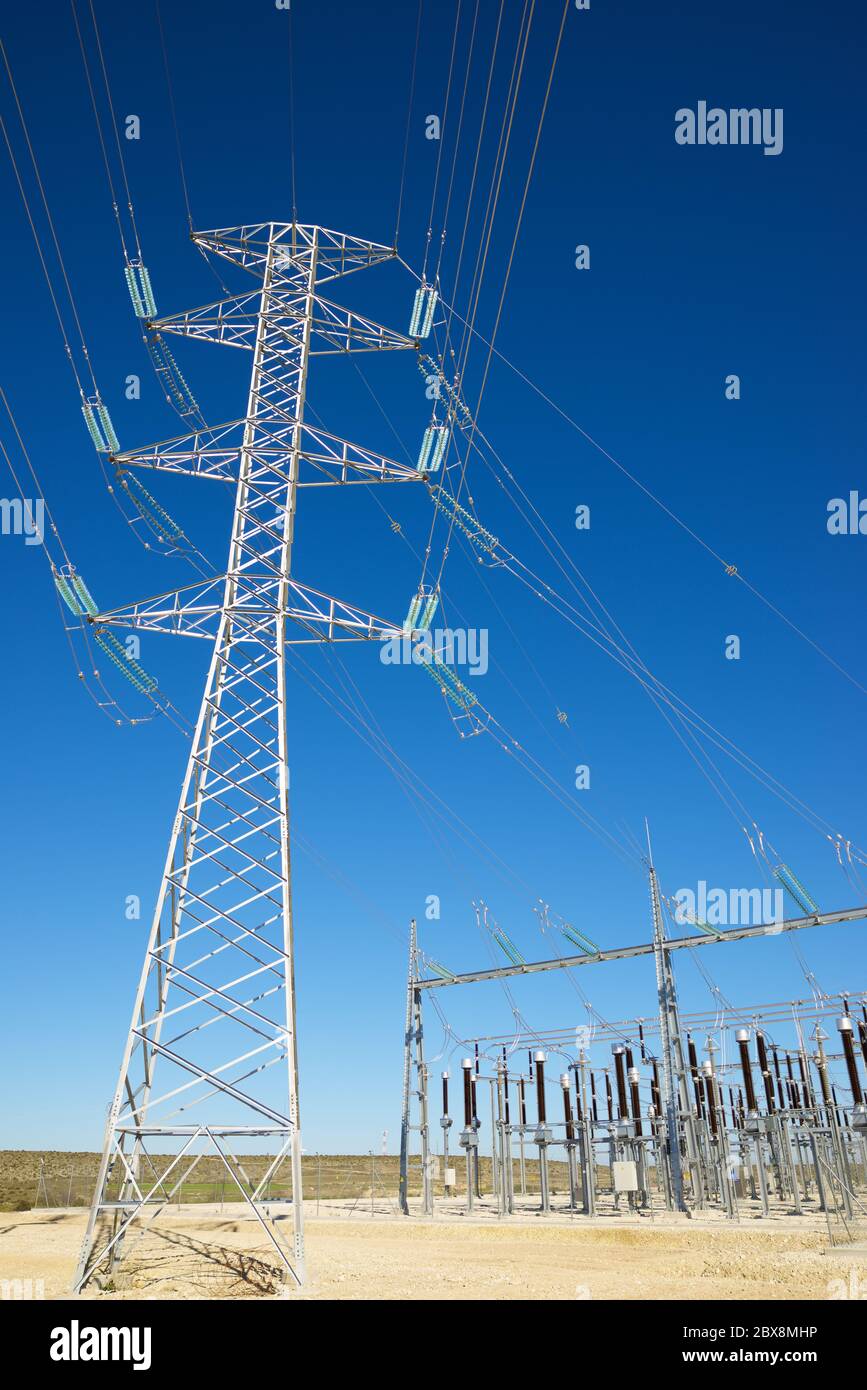 Electrical substation and power line in Zaragoza province, Aragon in ...