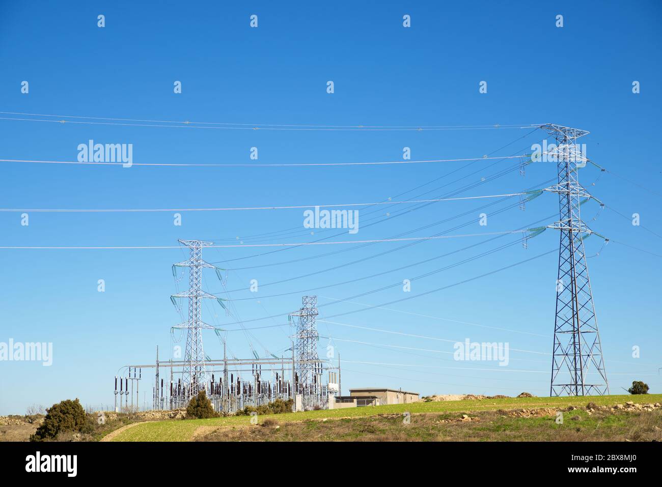 Electrical substation and power line in Zaragoza province, Aragon in ...