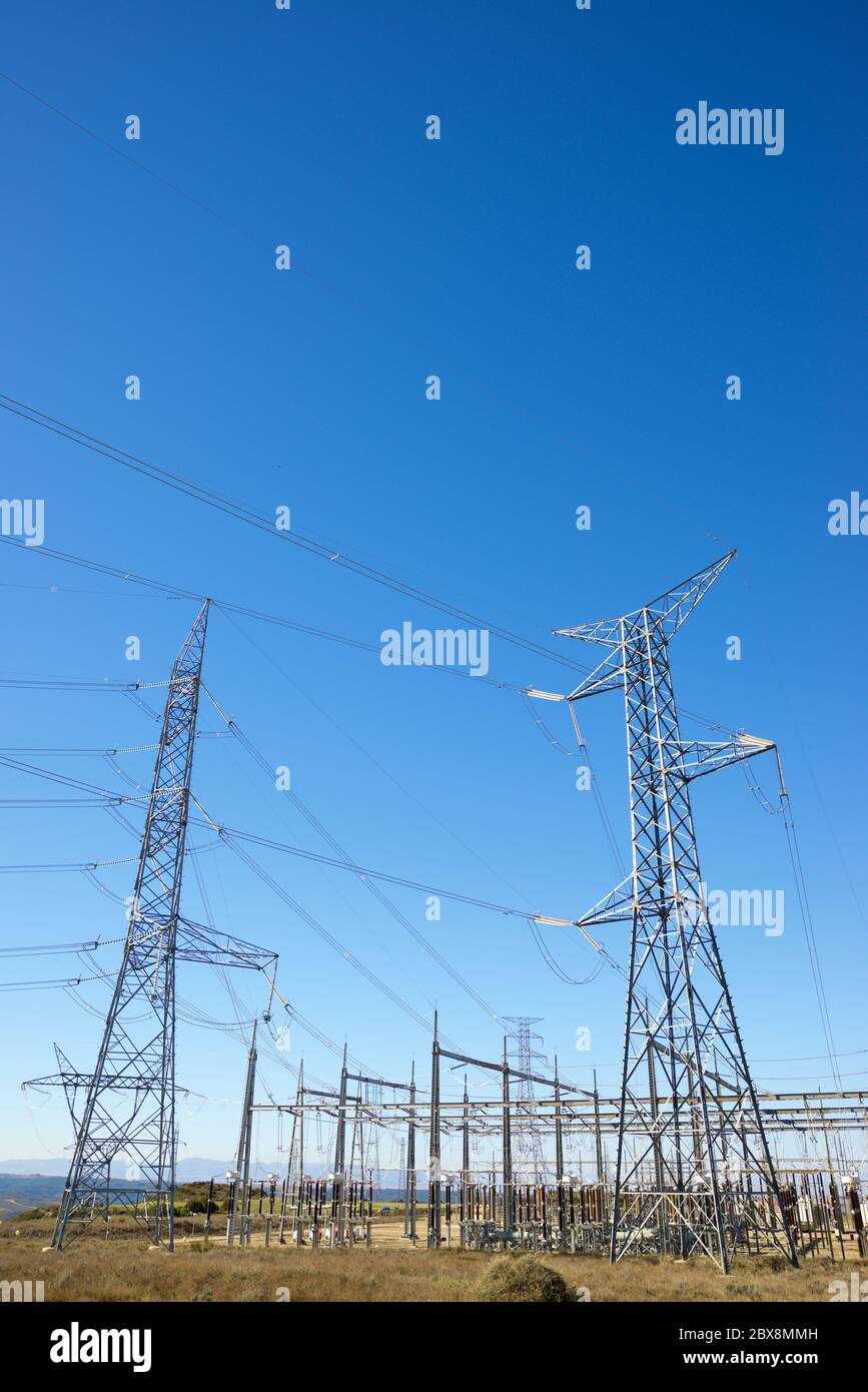 Electrical substation and power line in Zaragoza province, Aragon in ...