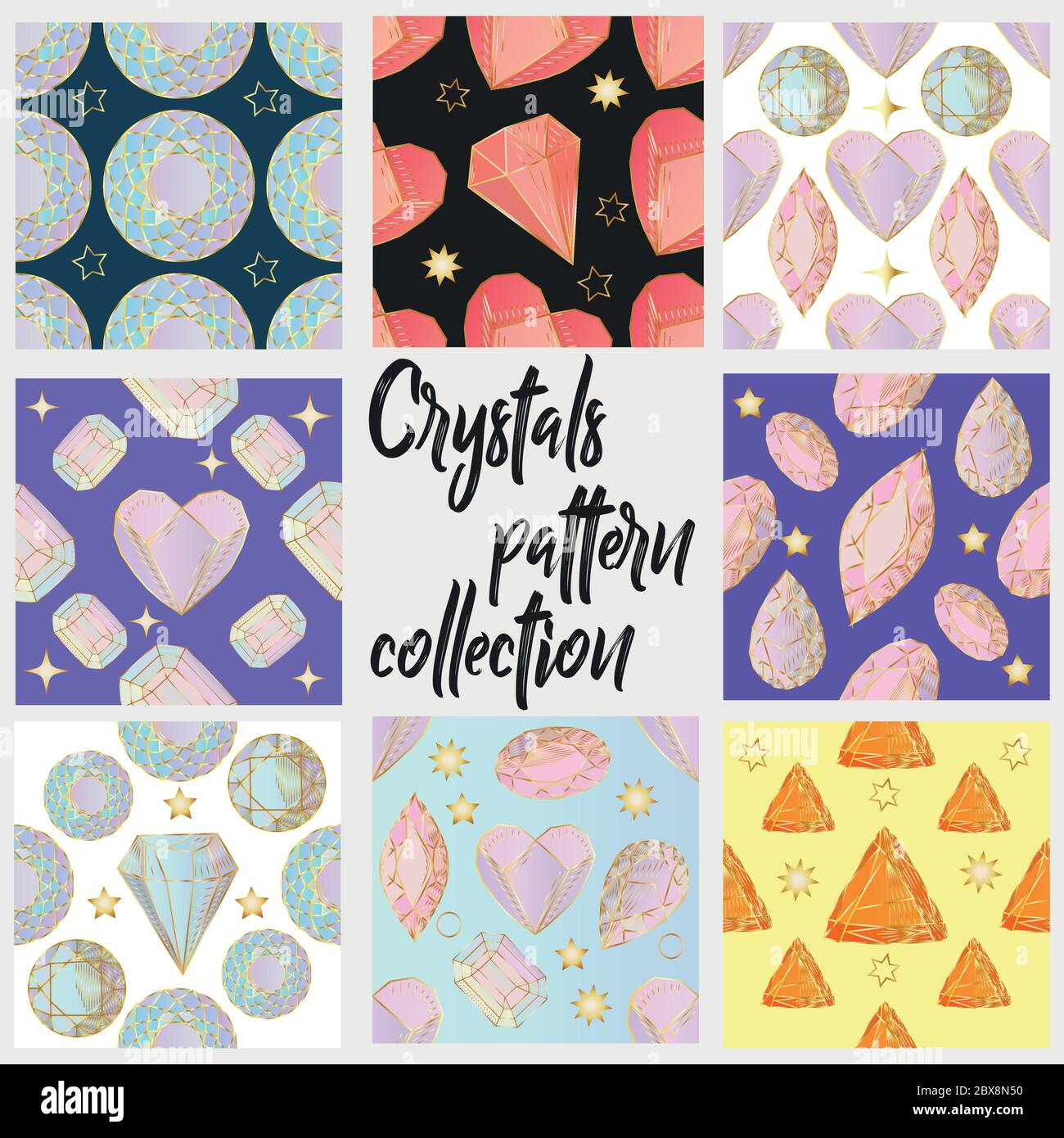 Seamless pattern of colorful jewels gemstones and crystals on black ...