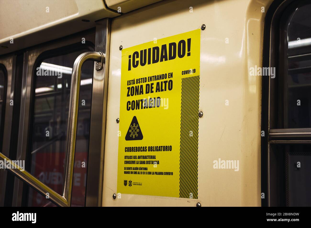 Mexico City, Mexico ; April 26 2020: warning sign in the subway, with ...