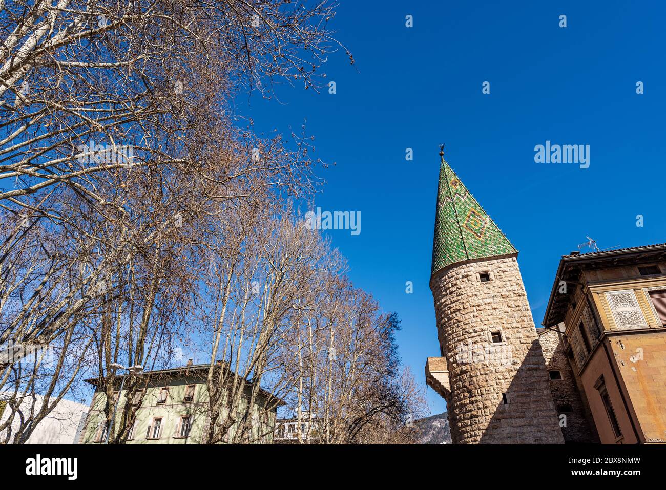 Torre Verde (Green tower), medieval watchtower in Trento downtown, with ...