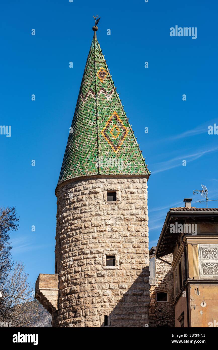 Torre Verde (Green tower), medieval watchtower in Trento downtown, with ...