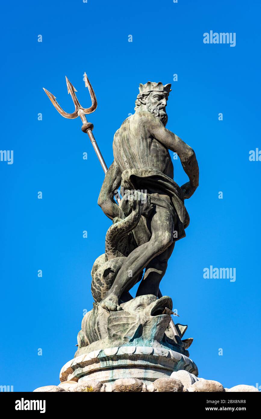 Fountain of Neptune, bronze statue of the Roman God with the trident in ...
