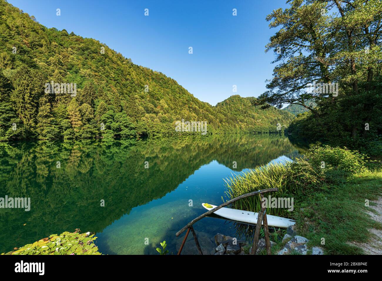 Lago di Levico, small beautiful lake in Italian Alps, Valsugana valley ...