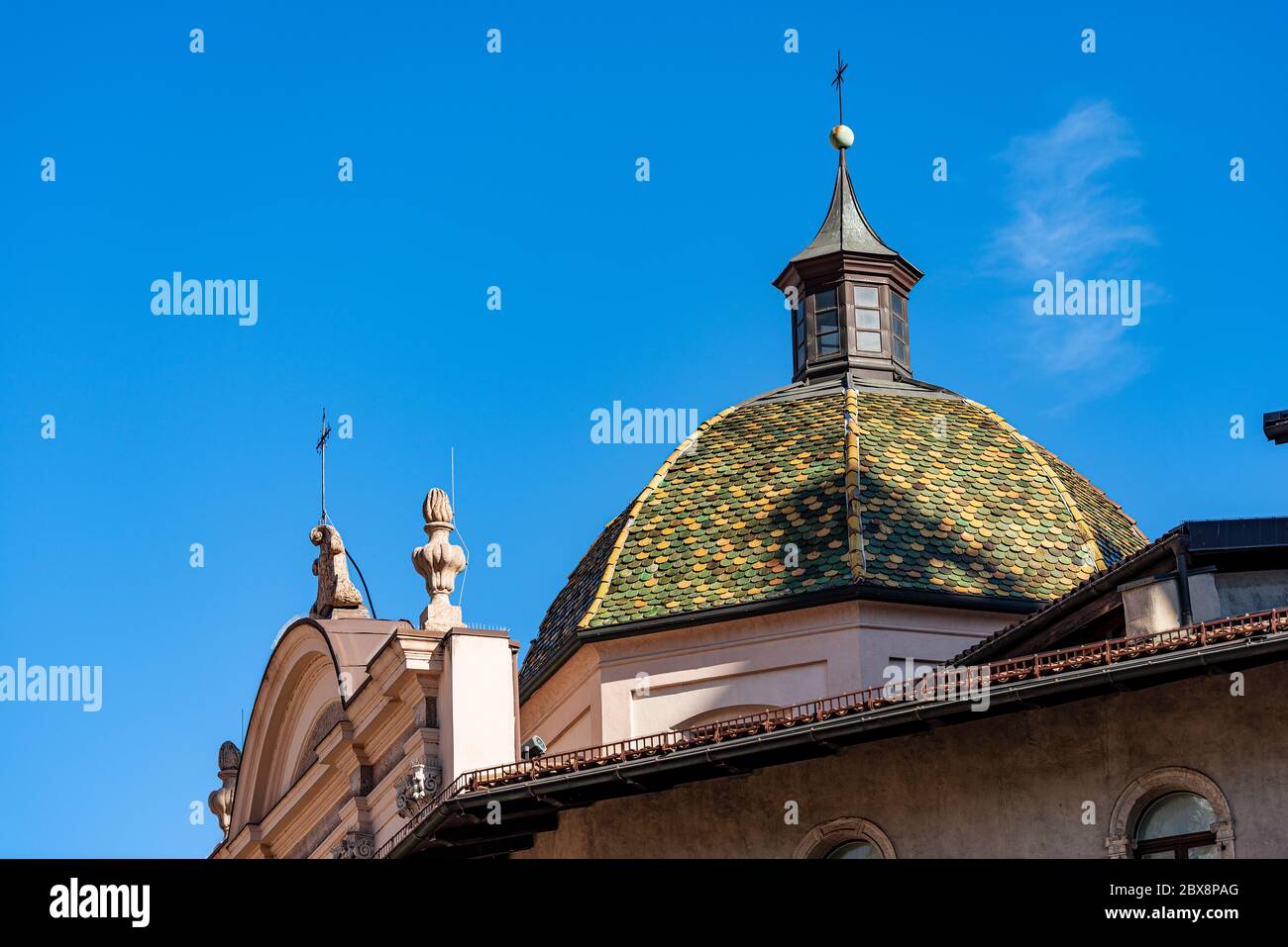 Dome with green and yellow majolica roof tiles, Church of the ...