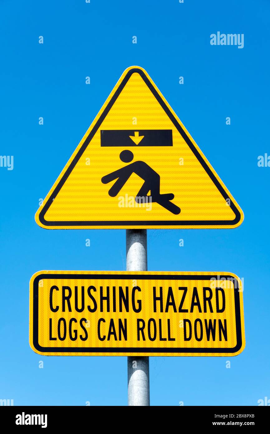 Sign warning of crushing hazard from falling logs, Whanganui, North ...