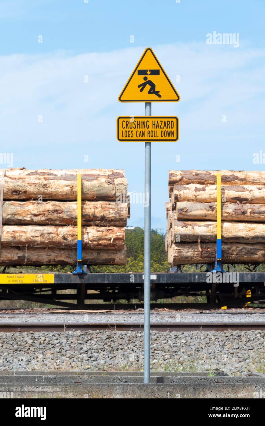 Sign warning of crushing hazard from falling logs, Whanganui, North ...
