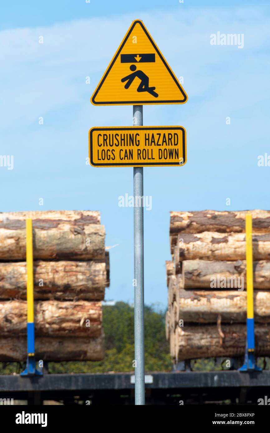 Sign warning of crushing hazard from falling logs, Whanganui, North ...