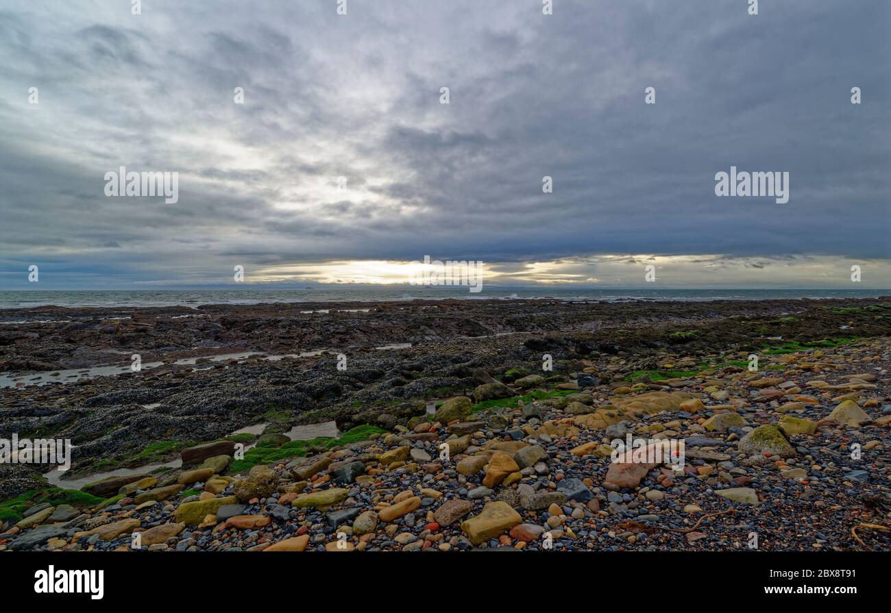 The St Monan's shingle beach at low tide on a wet day in January under ...