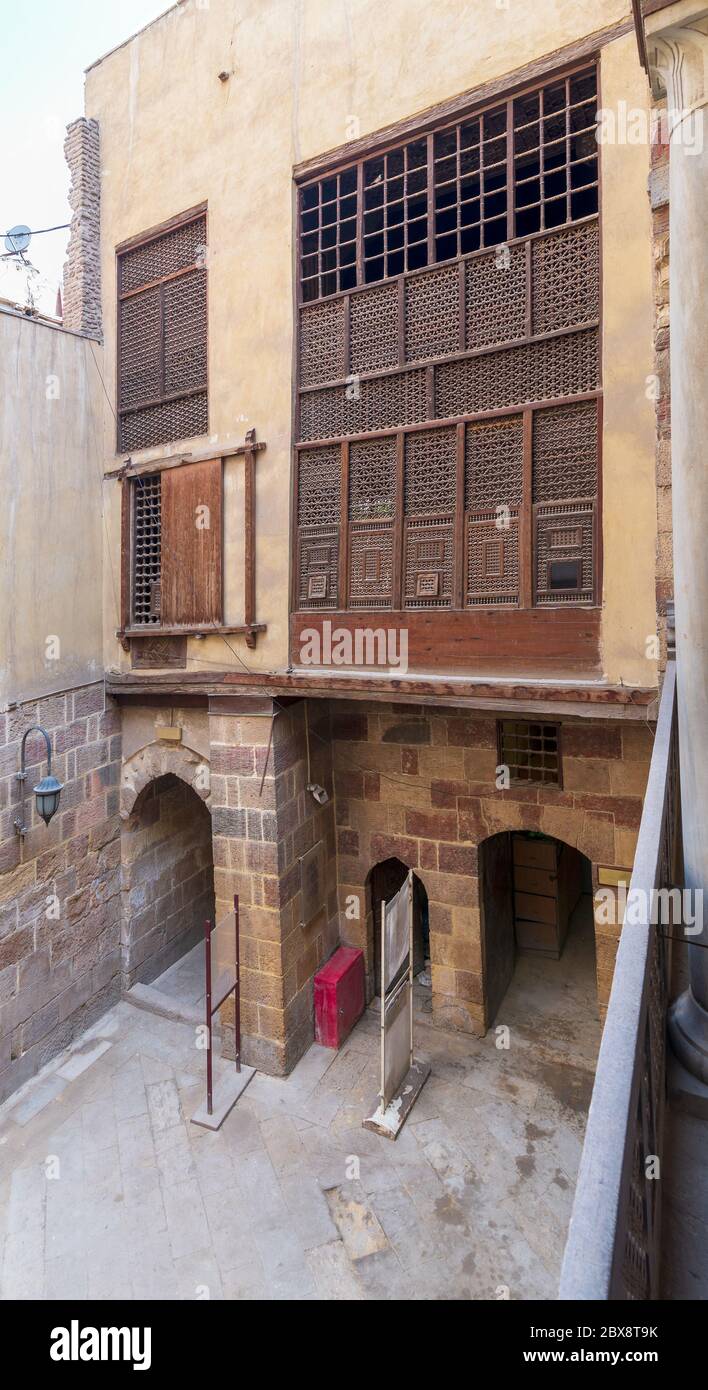 Facade of ottoman era historic Waseela Hanem House with wooden oriel ...