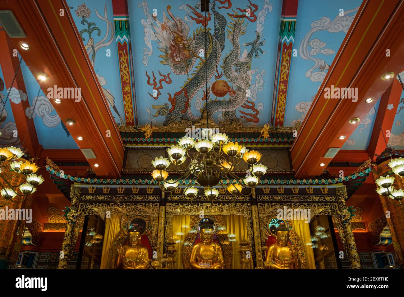 Ceiling detail and Buddhist statues inside Po Lin Monastery, Lantau ...