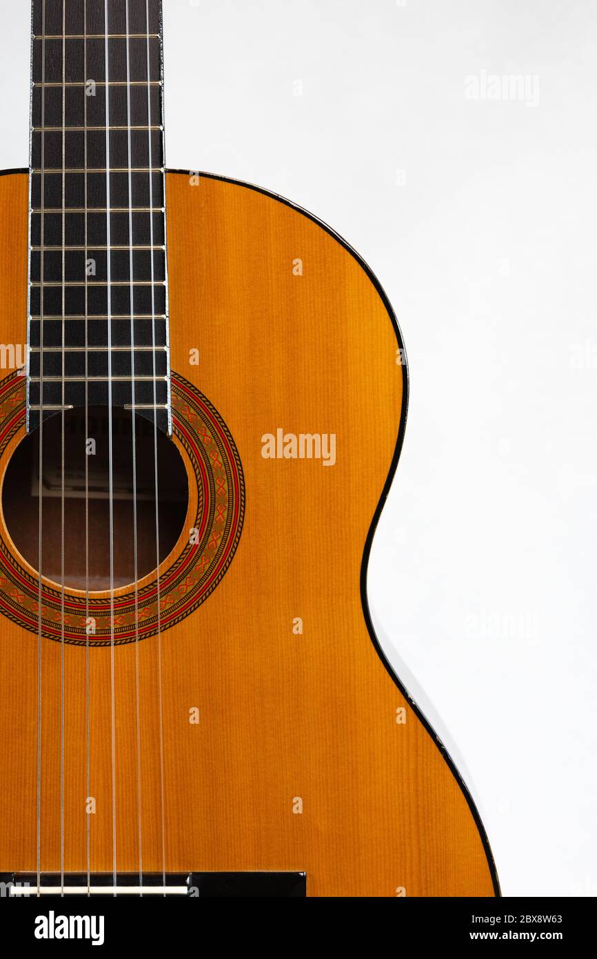 Acoustic guitar placed on the left side in portrait format on a light ...