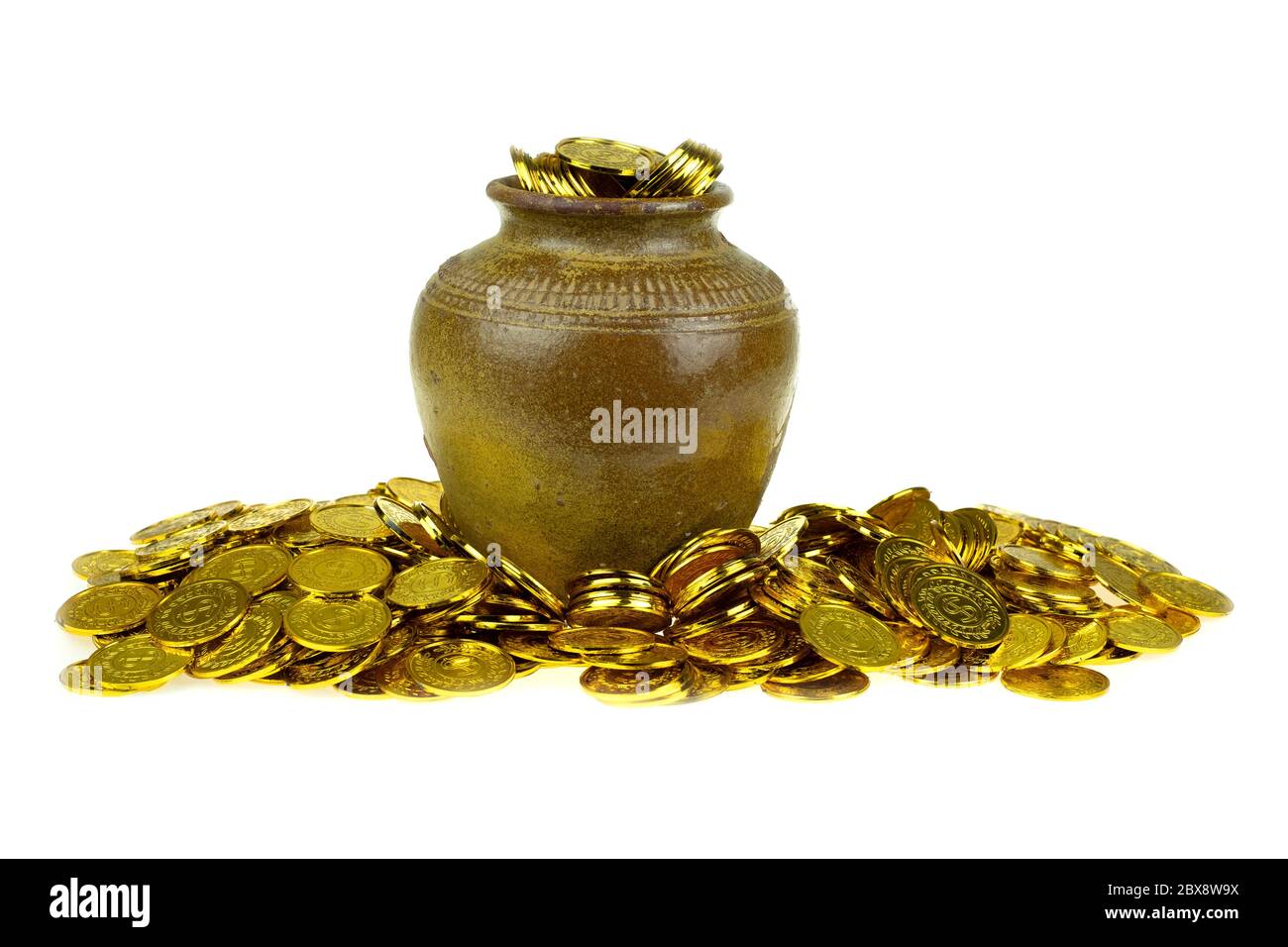 Gold coin in treasure old pot on white background Stock Photo - Alamy