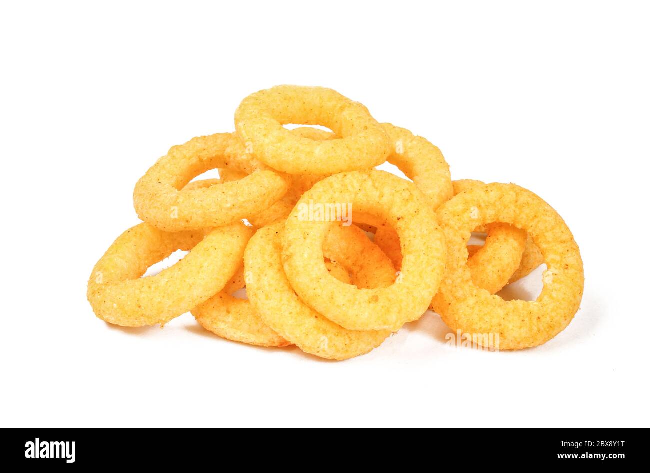 Delicious ring snacks isolated on white background. Pile of yellow ...