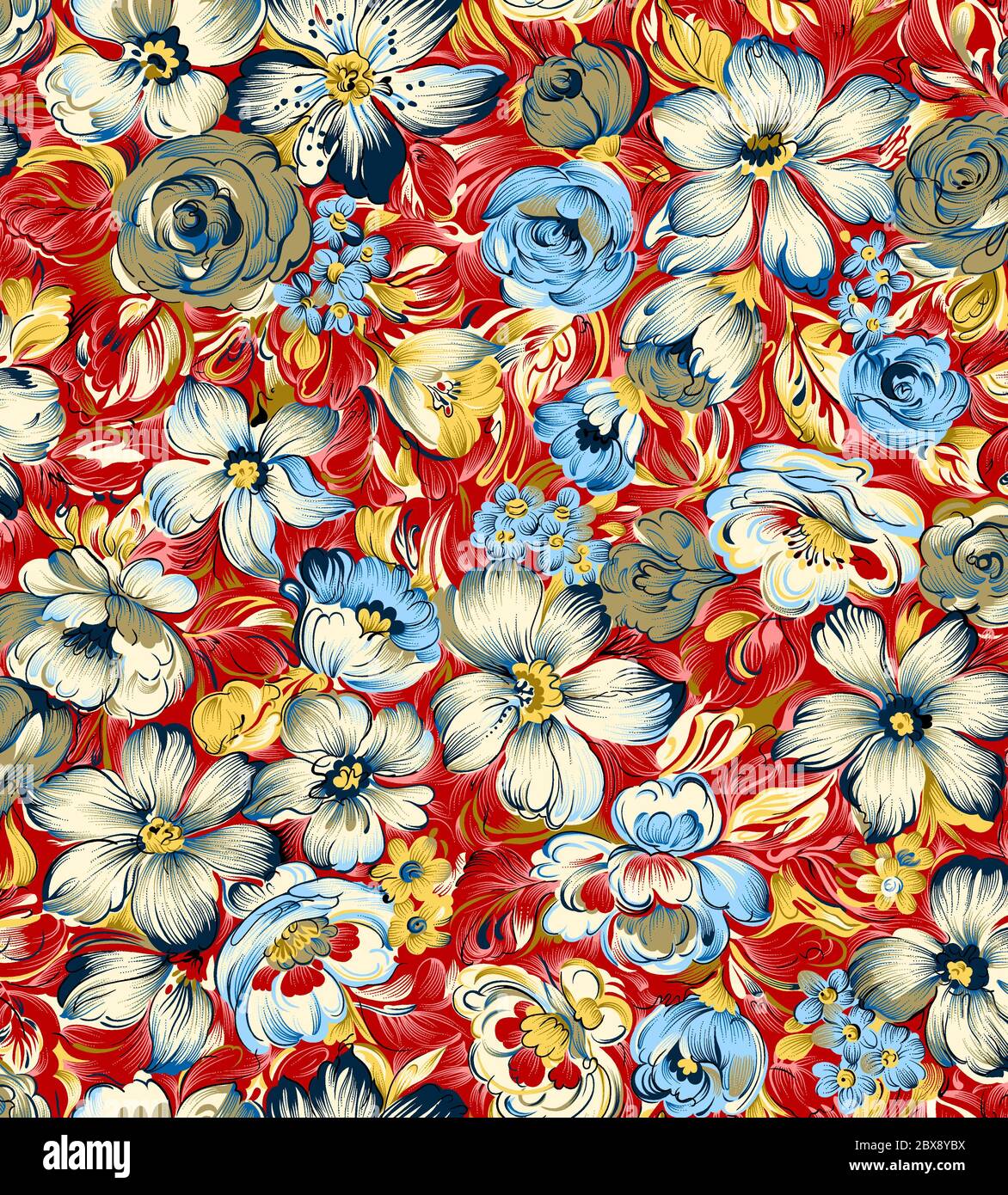 Seamless pattern with spring flowers and leaves. Hand drawn background ...