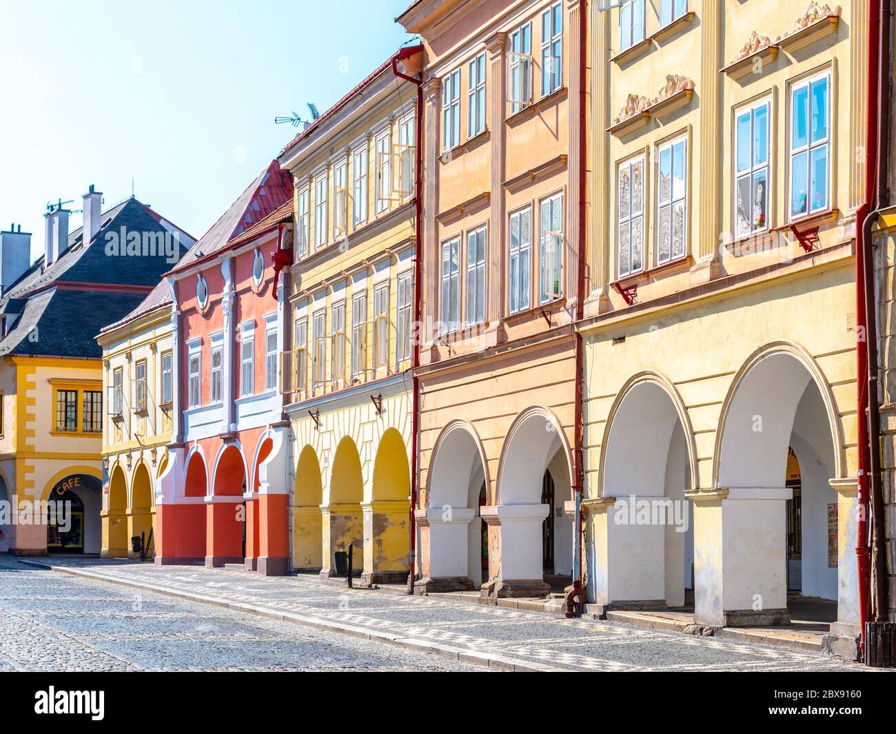 Colorful renaissance houses with arcade at Wallenstein Square in Jicin ...