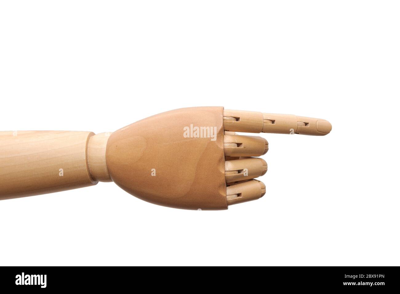 Right hand of wooden dummy mannequin pointing to the right with index ...