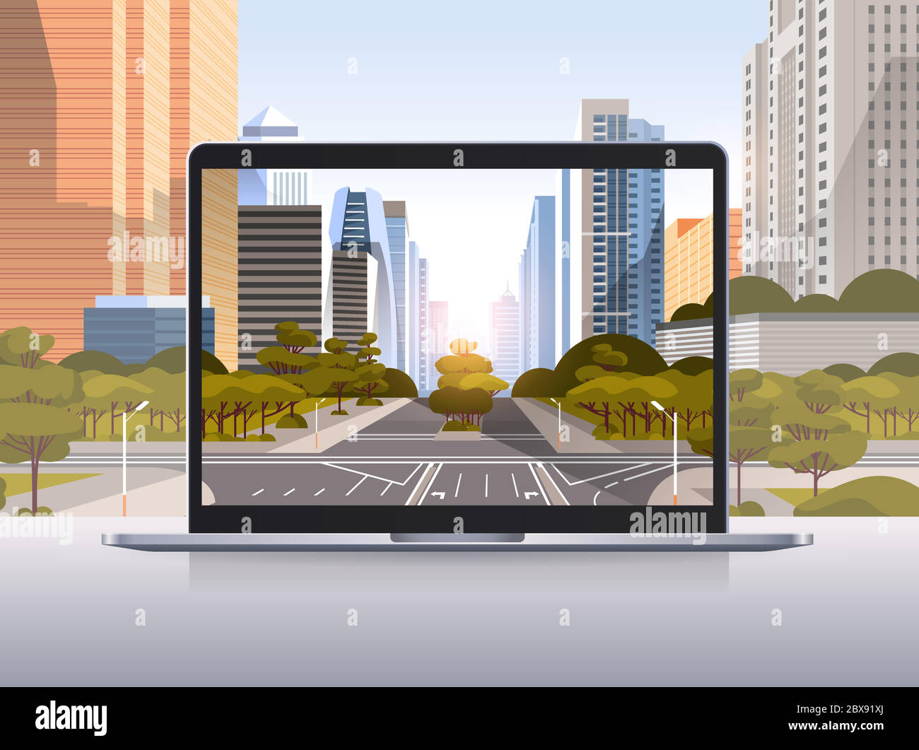 transparent laptop screen cityscape background realistic gadgets and ...