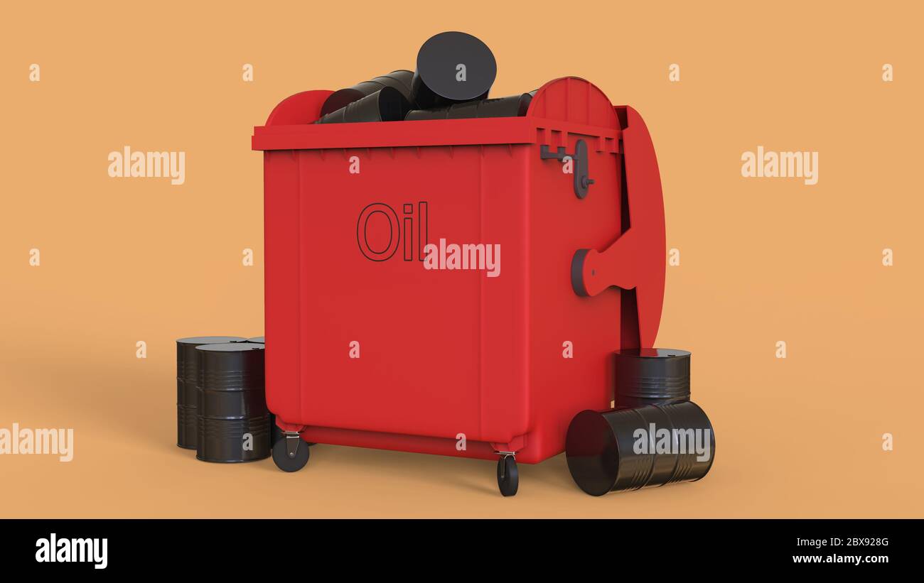 3d render of a red garbage container with oil barrels inside Stock ...