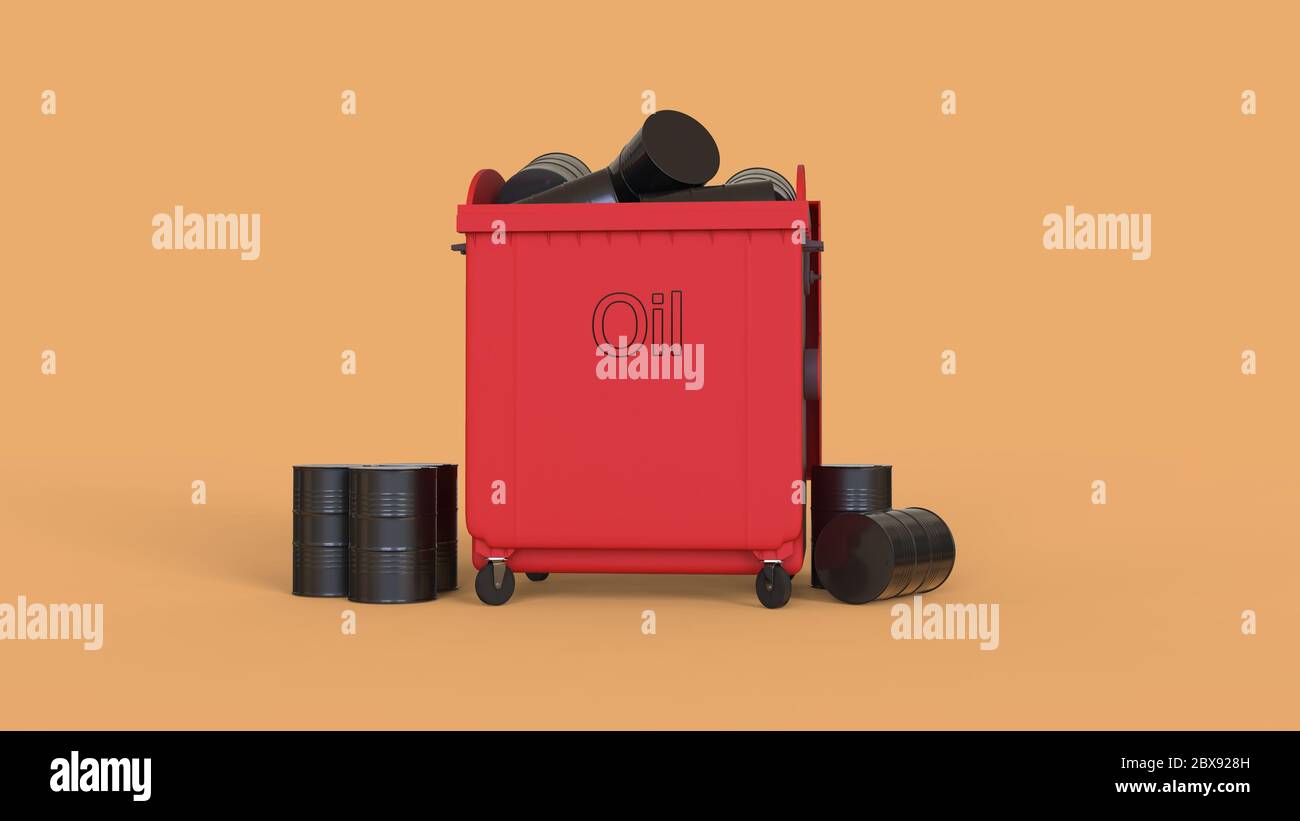 3d render of a red garbage container with oil barrels inside Stock ...