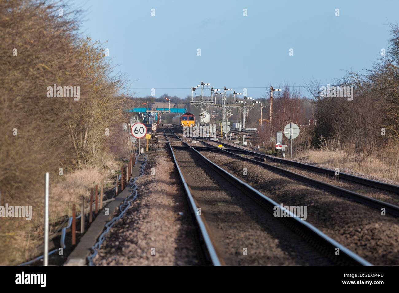 DB cargo class 66 locomotive 66137 passing the mechanical signal box at ...