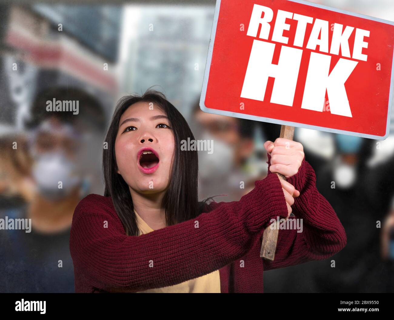 young beautiful pacifist Asian woman angry and outraged protesting on ...