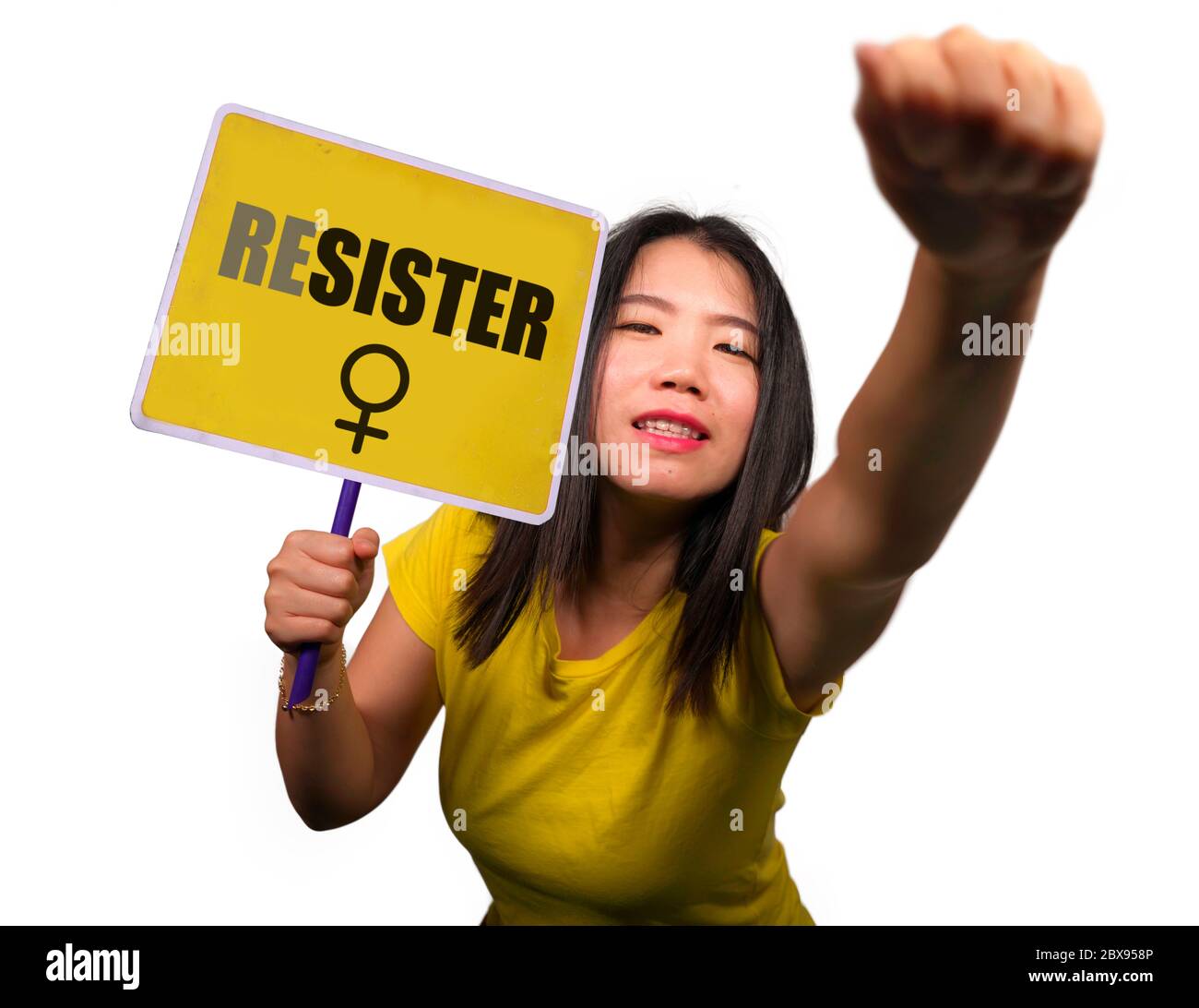 young beautiful feminist Asian Korean girl holding protest billboard ...