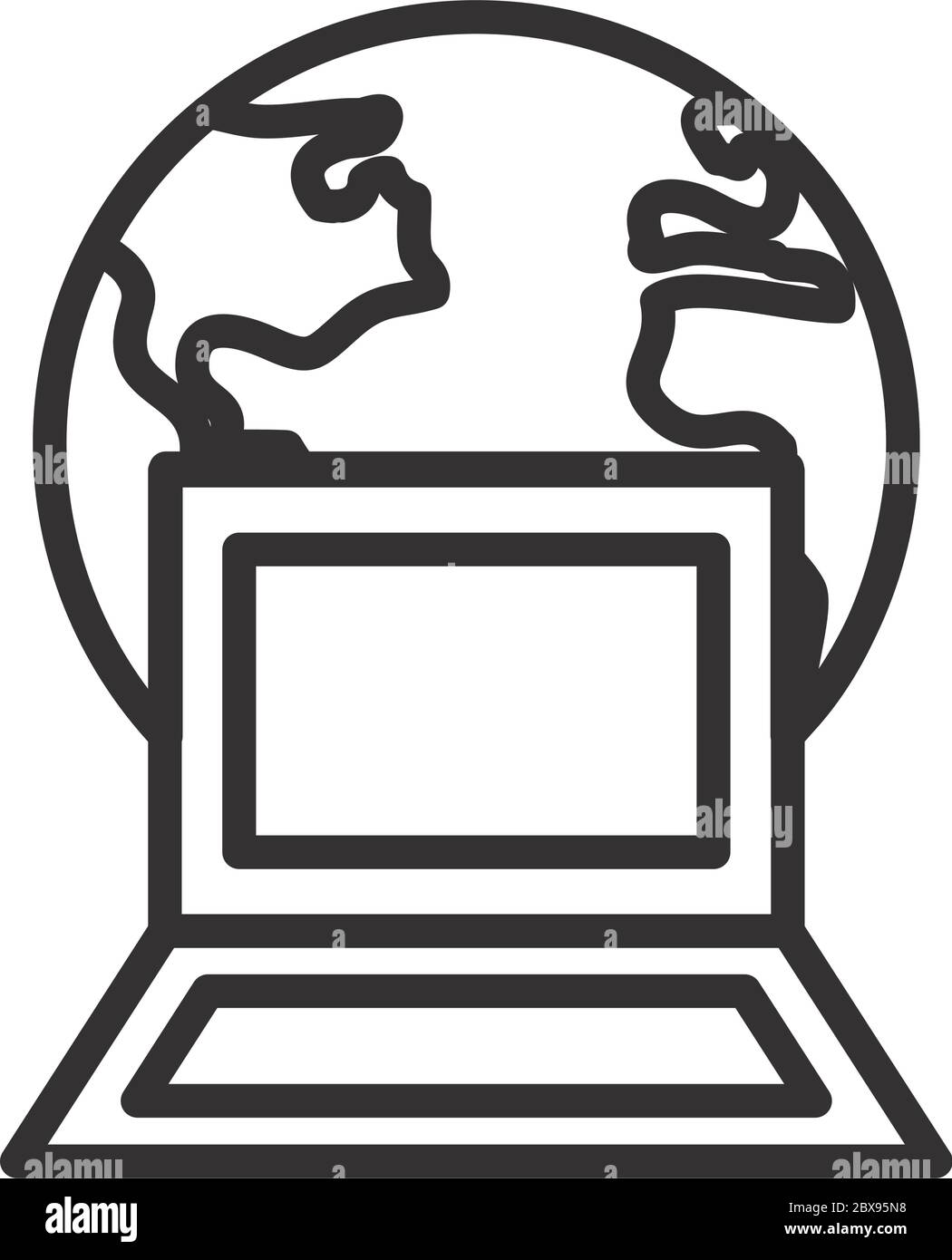 earth planet and laptop computer over white background, line style ...
