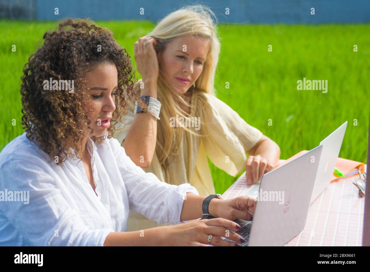 two female friends working together outdoors at cool internet cafe with ...