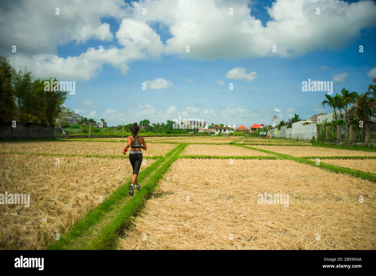 back view of young runner woman with attractive and fit body in running ...