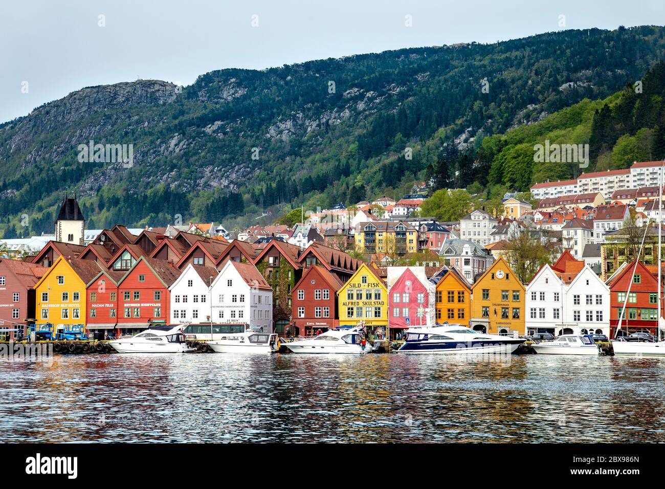 Historic hanseatic buildings in Bryggen by Vågen Bay, Bergen, Norway ...