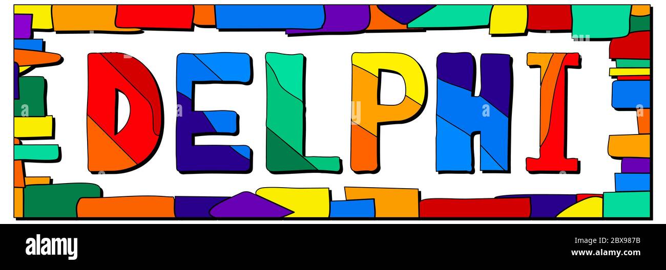 Delphi. Multicolored bright funny cartoon isolated inscription ...