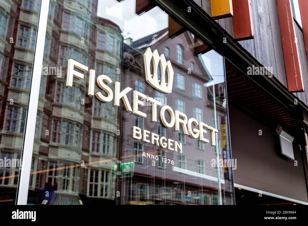 Exterior of Fisketorget market and restaurant in Bergen, Norway Stock ...