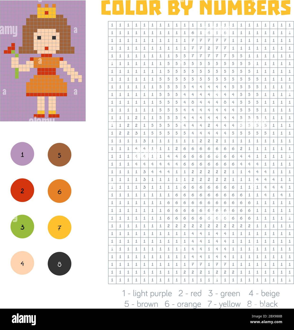 Color by number, education game for children, Princess Stock Vector ...
