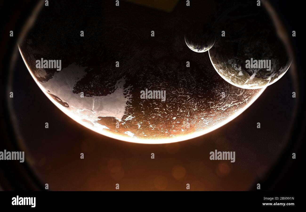 Exoplanet with two moons in porthole of space ship. Deep space in light ...