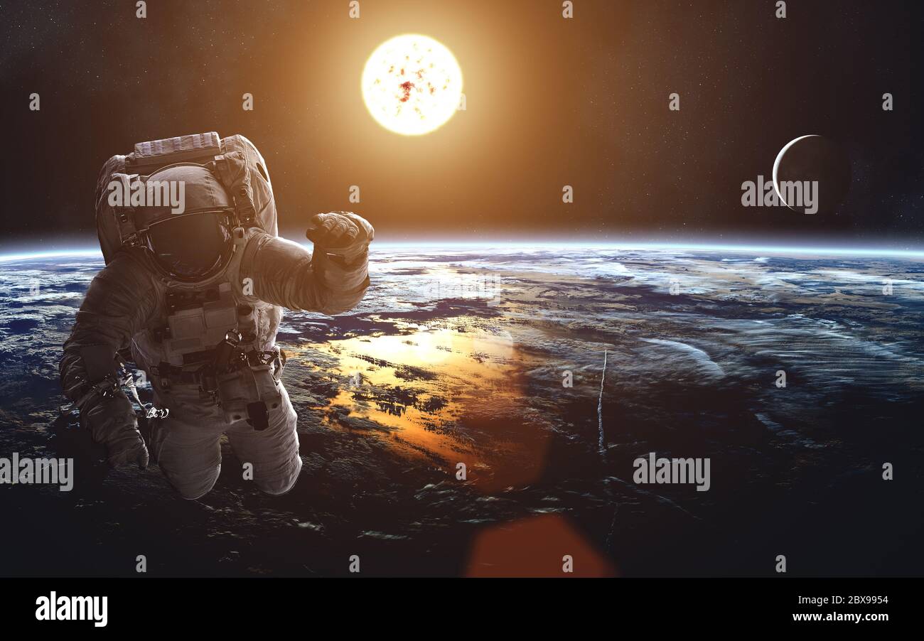 Cosmic landscape of Earth. Moon. Sun. Astronaut. Solar System Stock ...