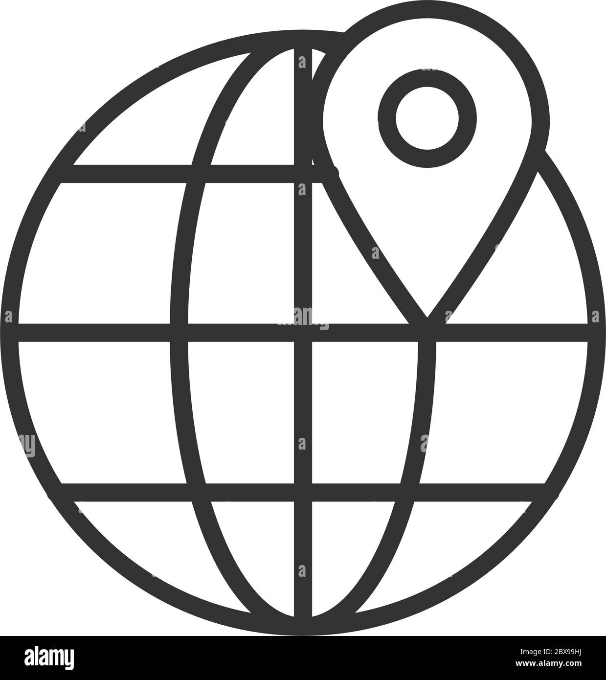 global sphere with location pin icon over white background, line sytle ...