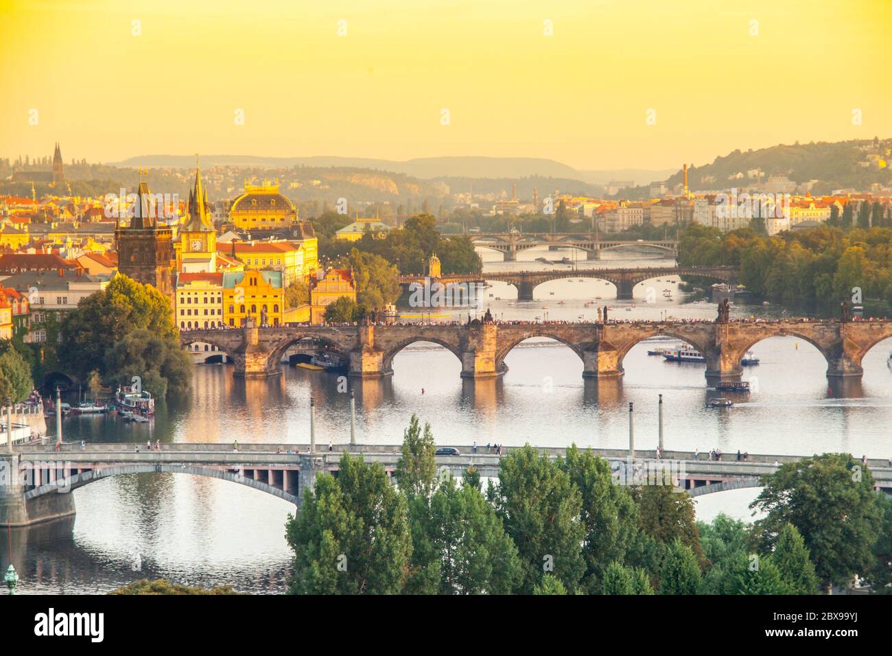 Prague bridges over Vltava river at sunset time, Czech Republic Stock ...