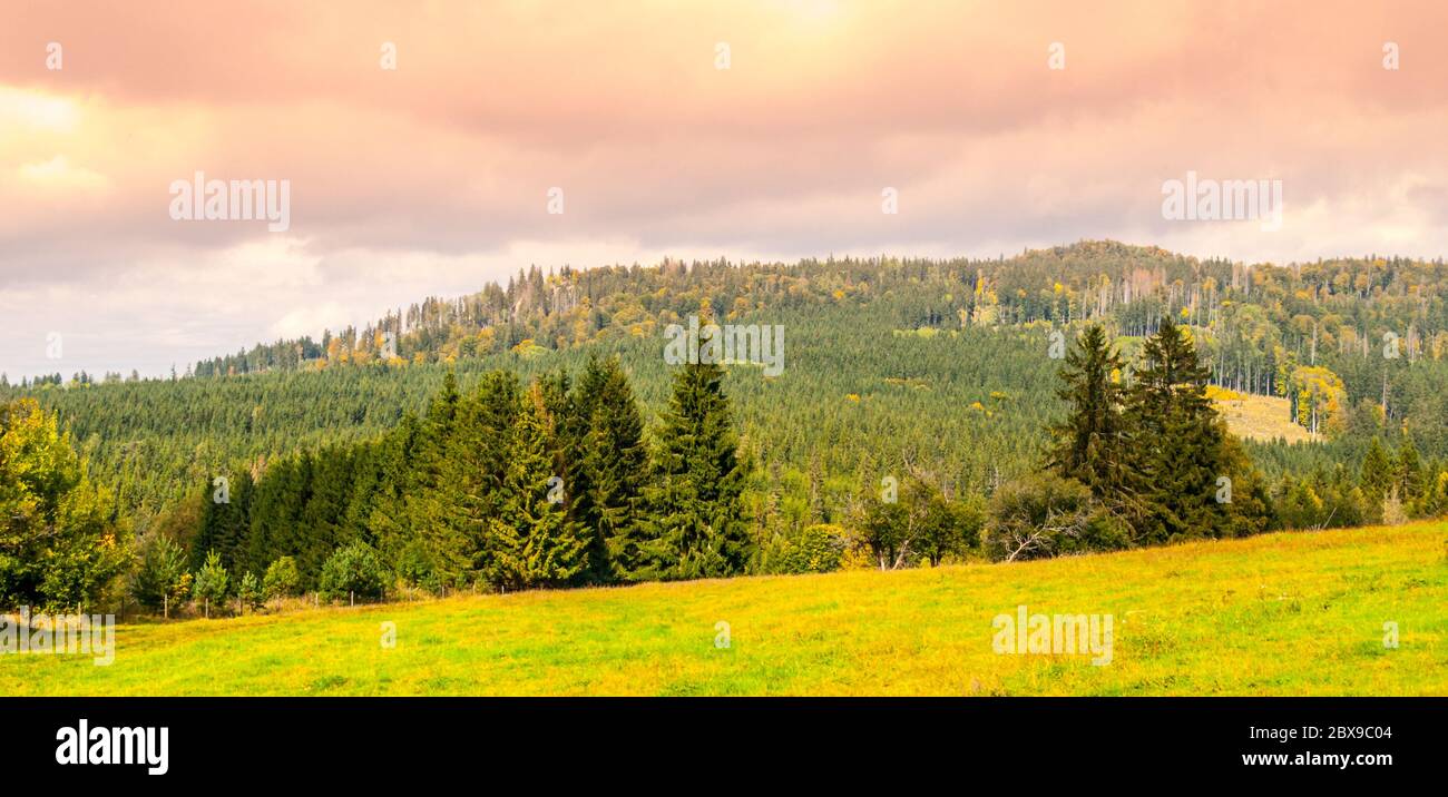 Stozec Mountain ridge with Stozec Rock on the top. Forest landscape of ...