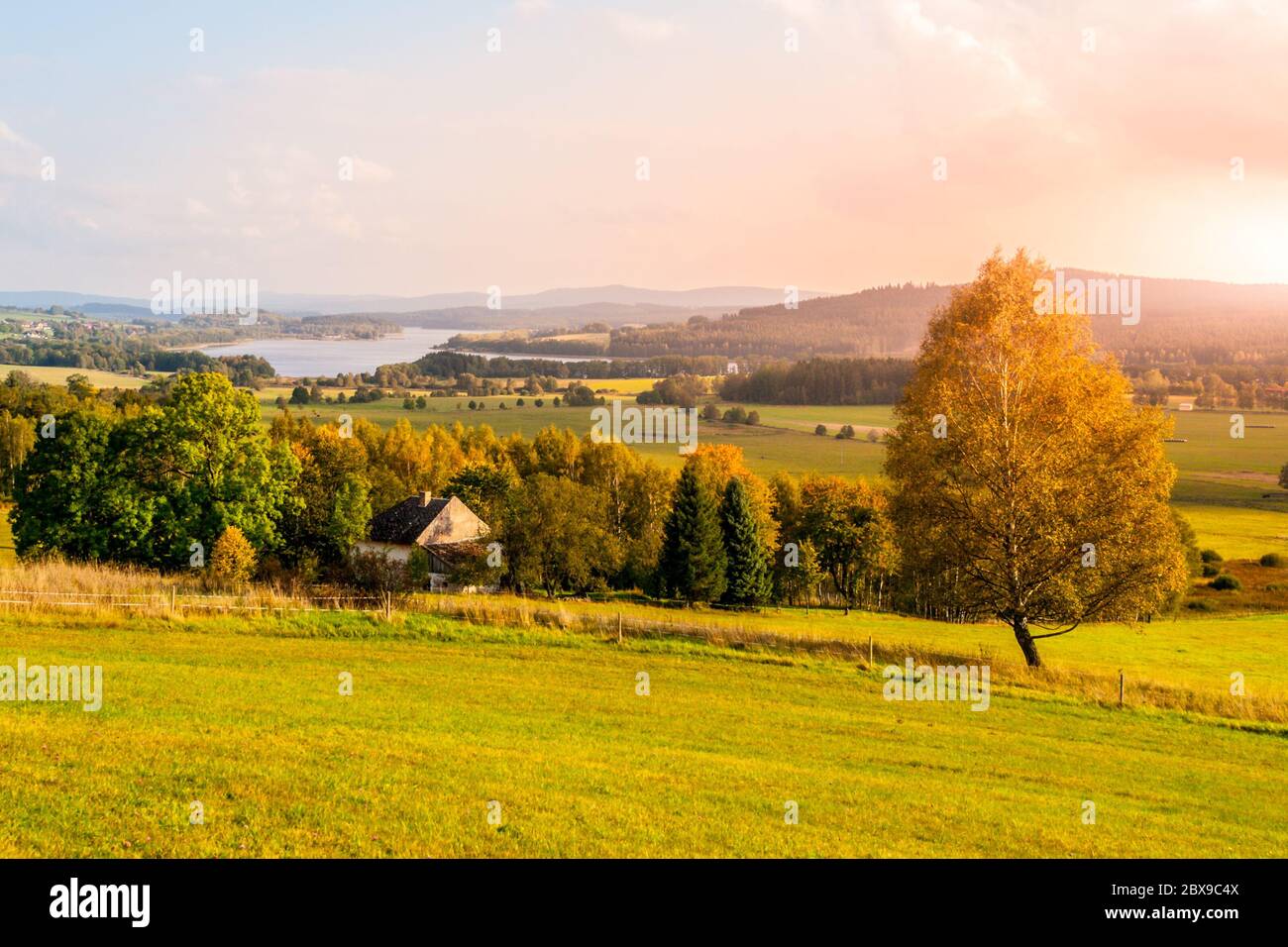 Autumn landscape at Lipno water reservoir, Sumava National Park ...