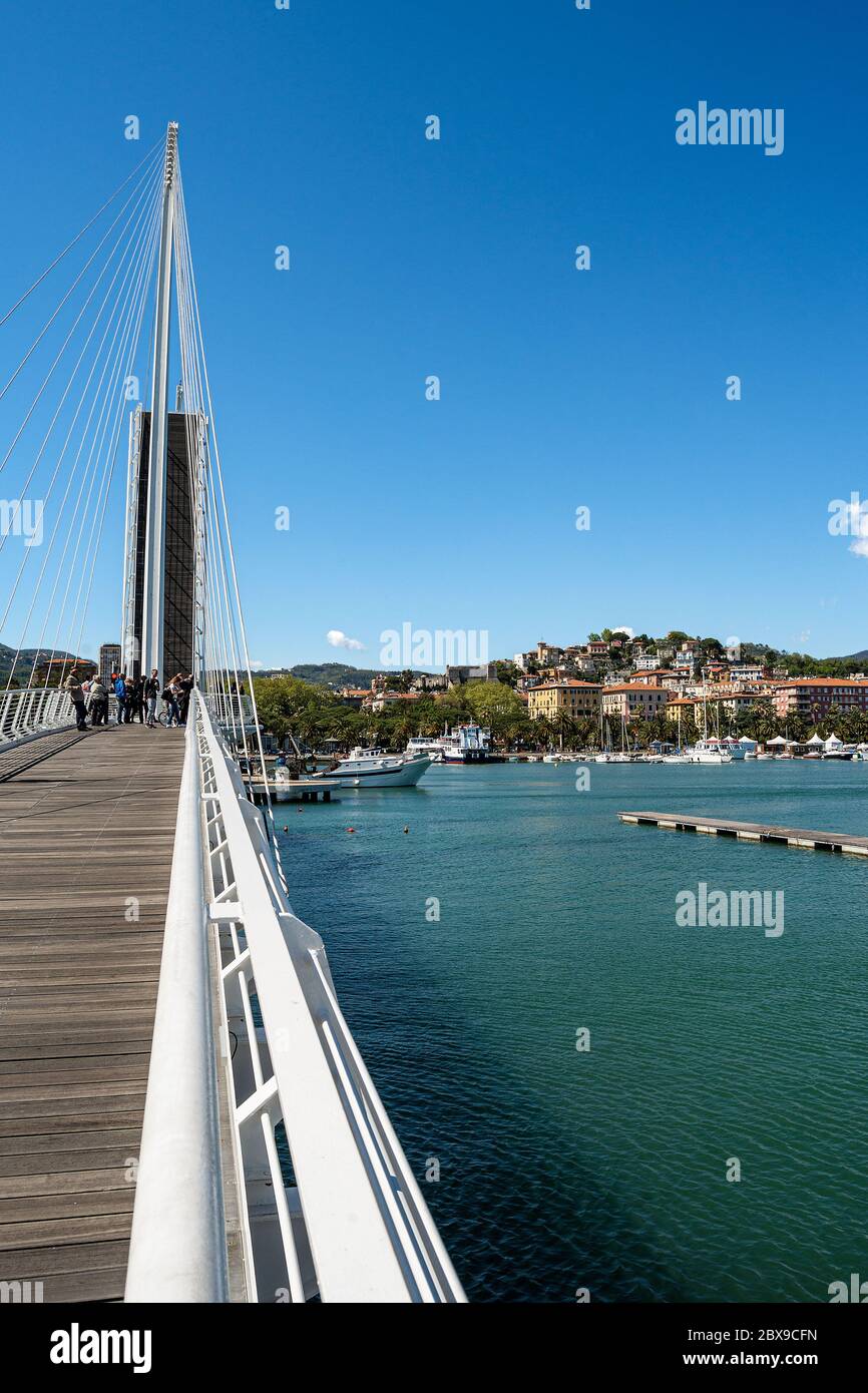 Modern cable-stayed and bascule bridge of Thaon di Revel and cityscape ...