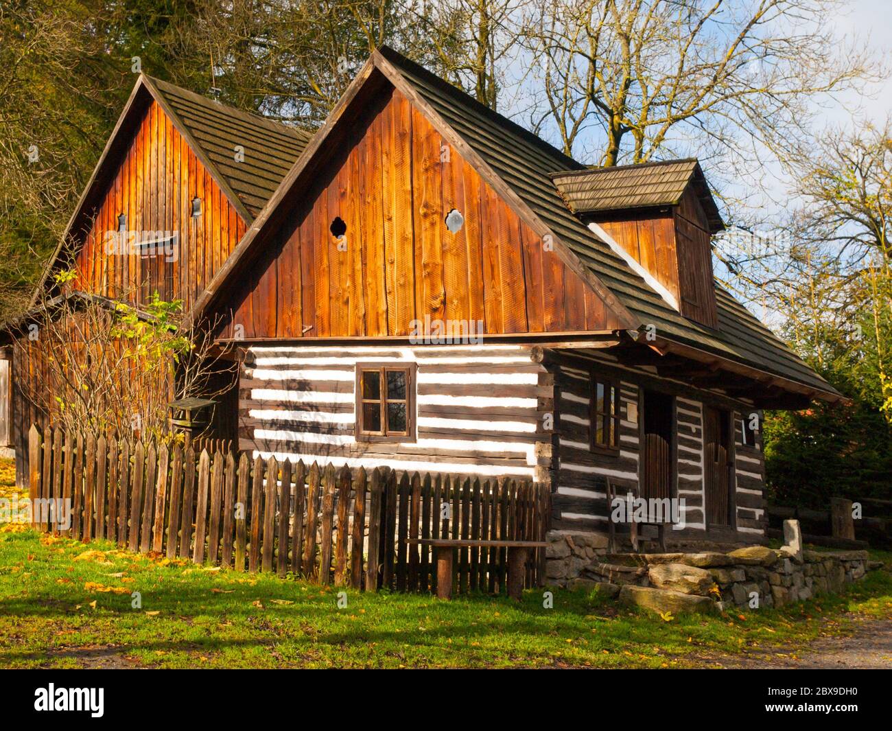 Wooden houses of Vesely Kopec folk museum. Czech rural architecture ...