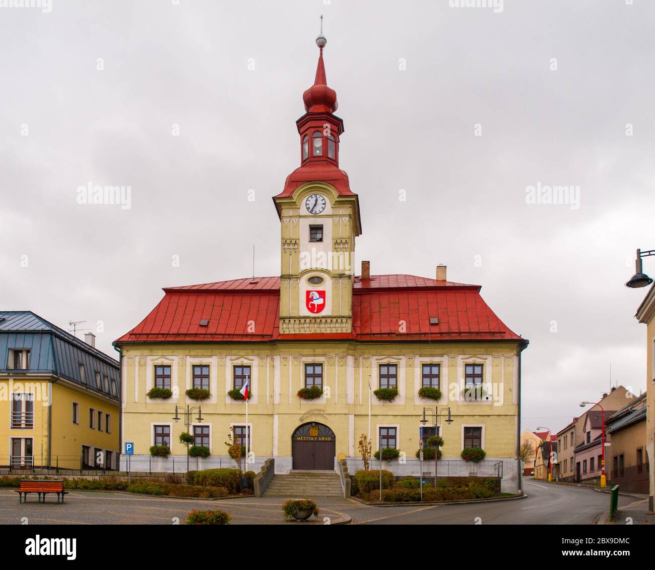 Baroque town hall with clock tower in Hlinsko, Vysocina, Czech Republic ...