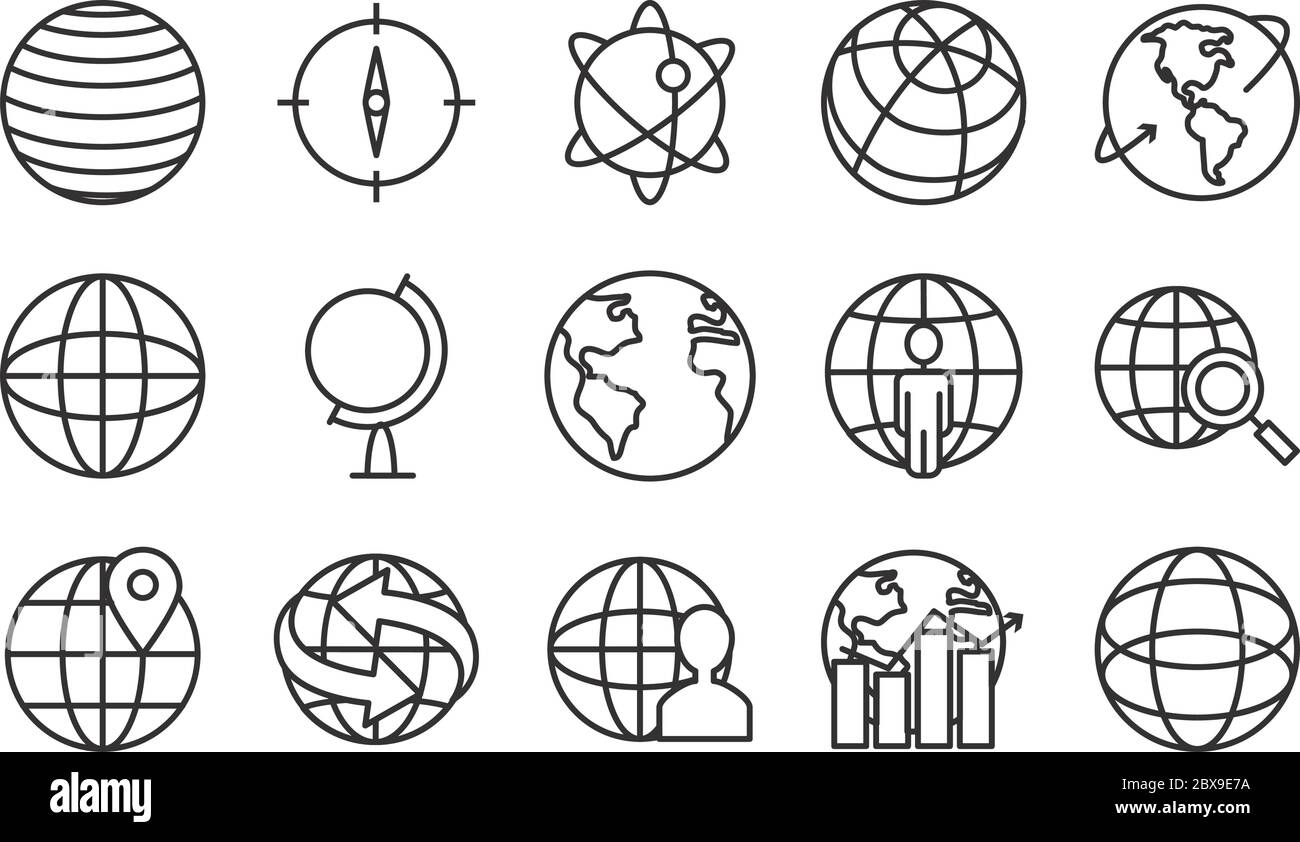 geography tool and global sphere icon set over white background, line ...